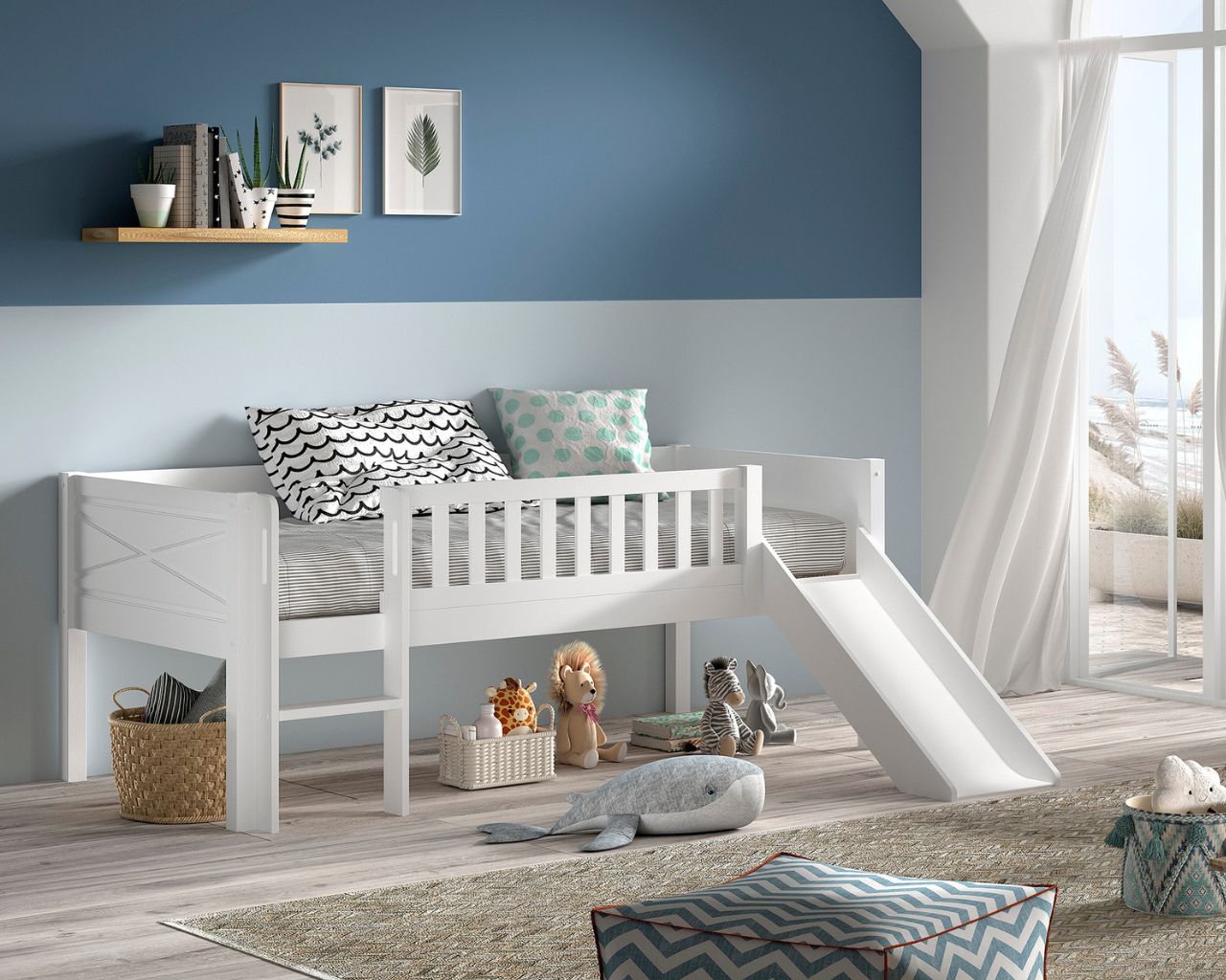 Henley Low Midsleeper Bed with Slide in White - Room To Grow