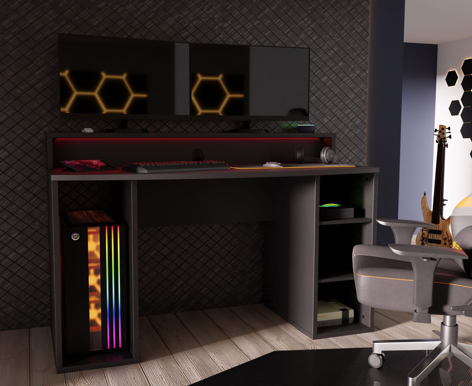 Pioneer Gaming Desk in Black with LED Lighting - Room To Grow