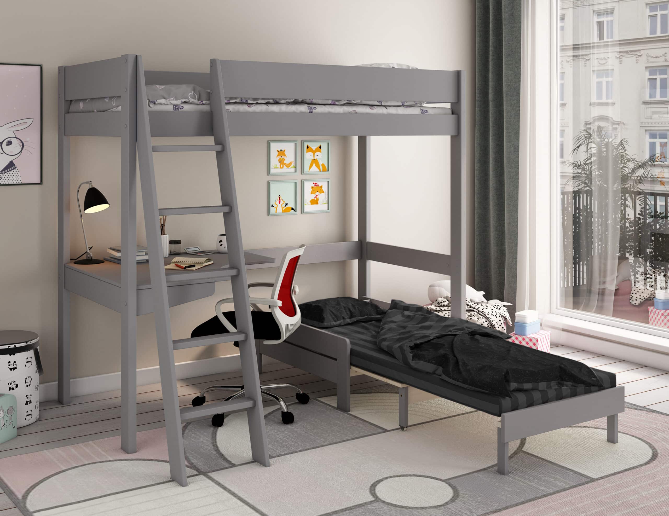 Estella Grey High Sleeper Bed With Black Sofabed & Desk - Room To Grow
