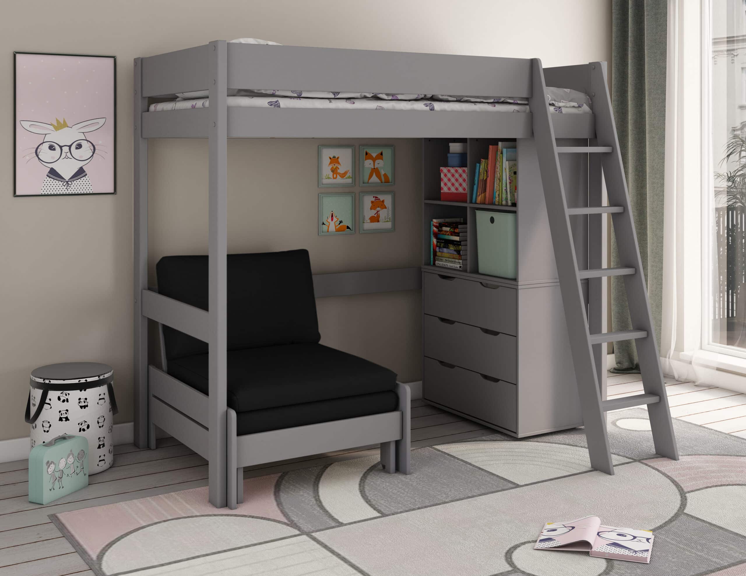 Estella Grey High Sleeper Bed With Black Sofabed Chest & Cube - Room To ...
