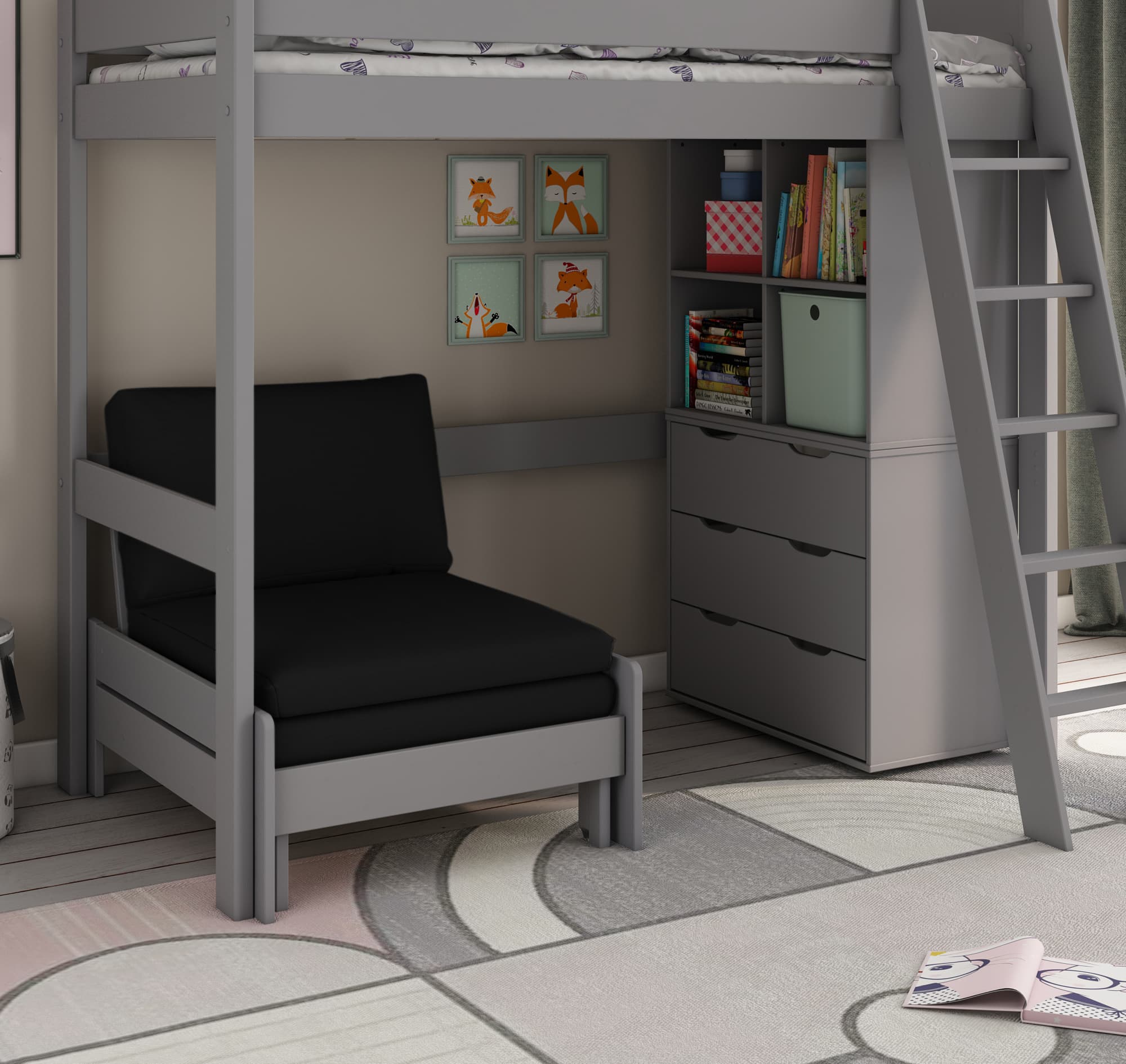 Estella Grey High Sleeper Bed With Black Sofabed Chest & Cube - Room To ...